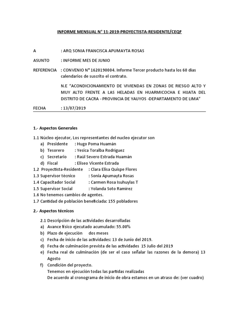 Informe Mensual Proyecto Viviendas 2019 | PDF | Negocios | Ciencia y ...
