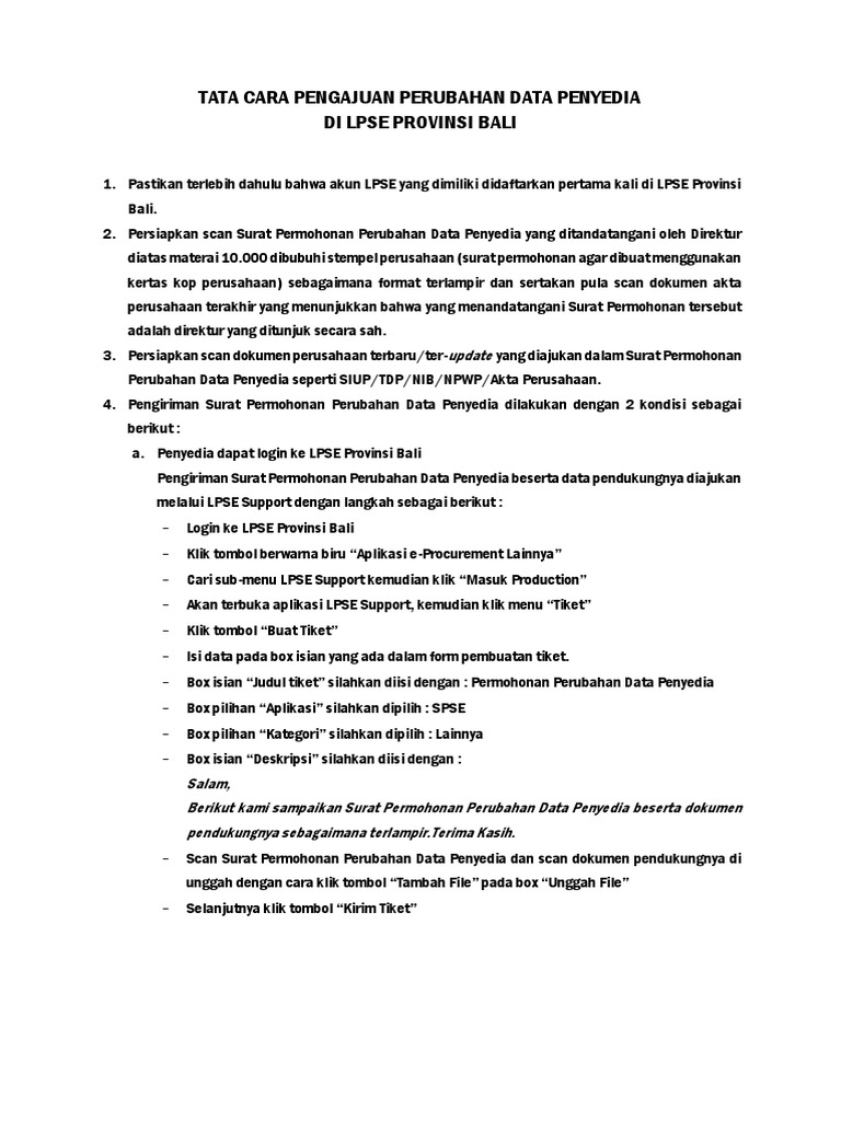 Tata Cara Pengajuan Perubahan Data Penyedia Di Lpse Provinsi Bali | PDF