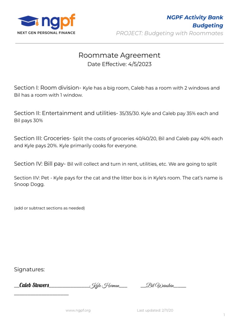 Project Budgeting With Roommates Agreement PDF