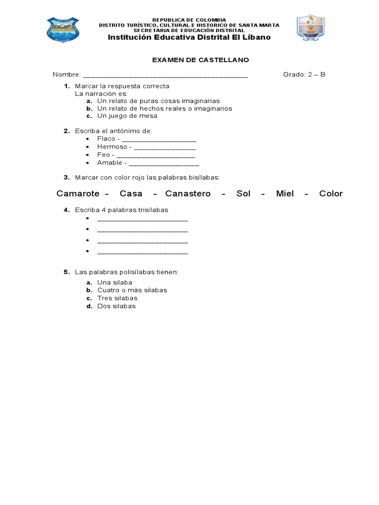 Examen de Castellano 2° Grado | PDF