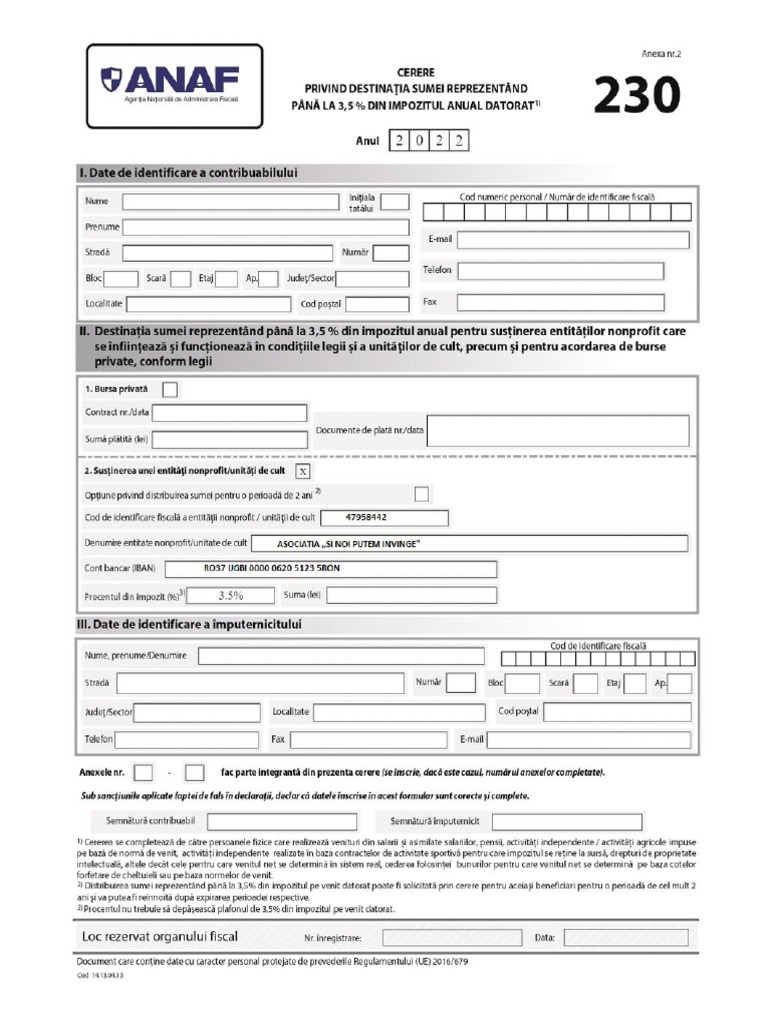 Formular 230 Asociatia Si Noi Putem Invinge | PDF
