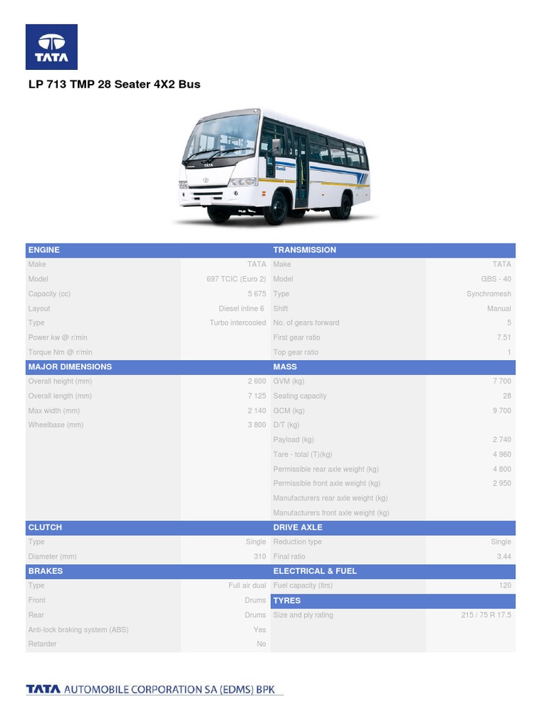 Tata LP 713 28-Seater Bus Specs | PDF | Manual Transmission | Wheeled ...
