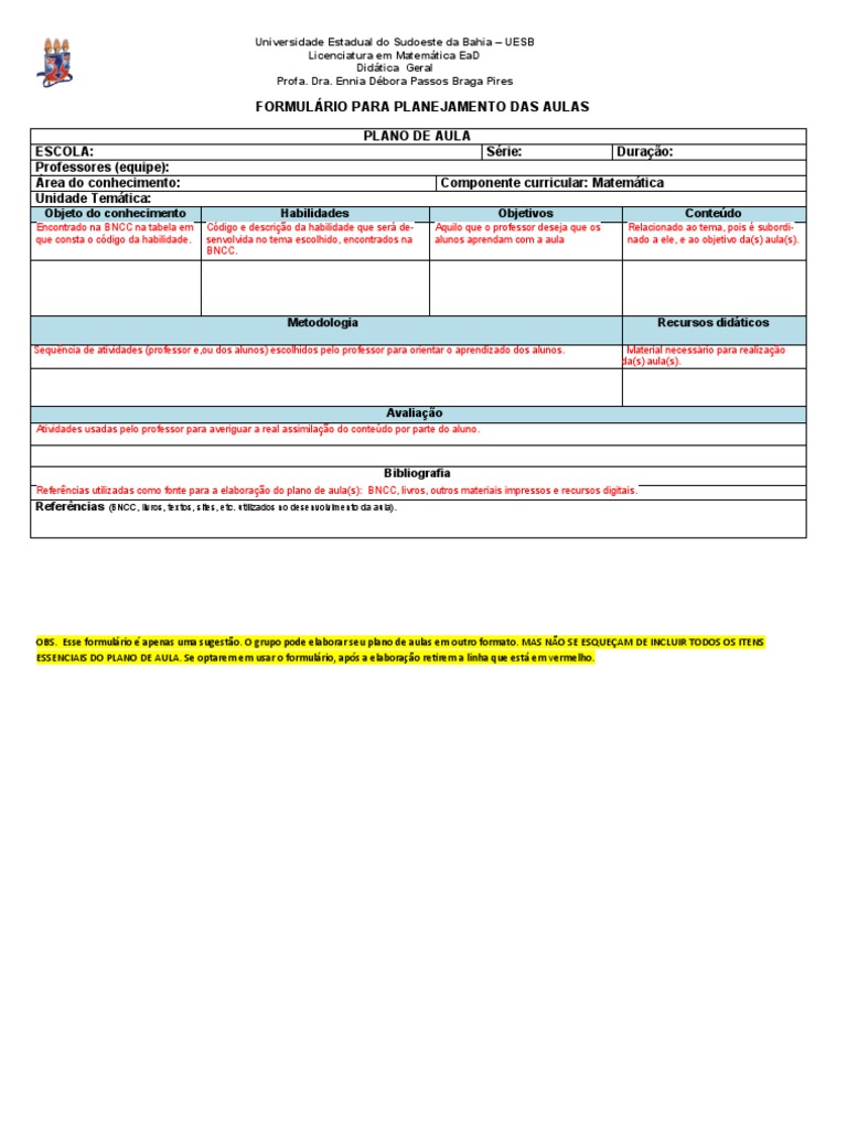 Formulário para planejamento de aulas de Matemática com foco nos ...