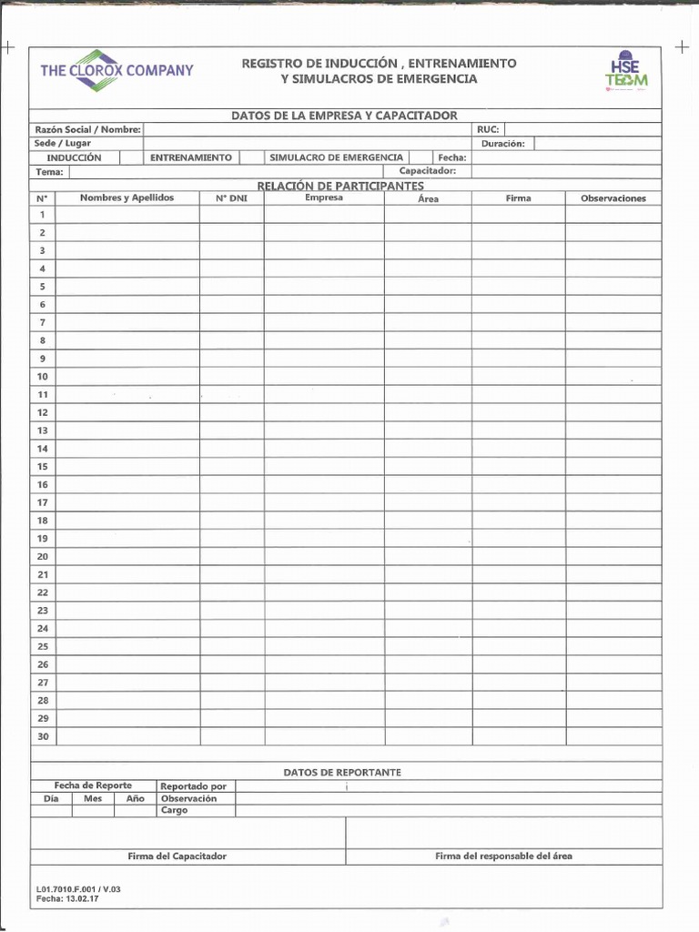 Formato de Resgistro de Asistencia - Clorox | PDF Formato de Resgistro de Asistencia - Clorox | PDF