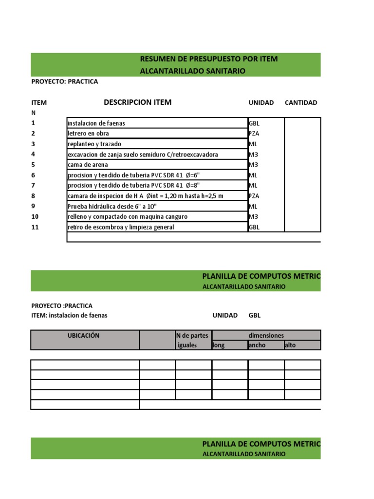 Planilla de Sanitario Computos | PDF