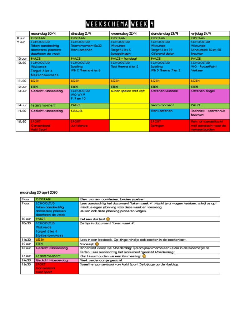 Weekschema Week 4: Maandag 20/4 Dinsdag 21/4 Woensdag 22/4 Donderdag 23 ...