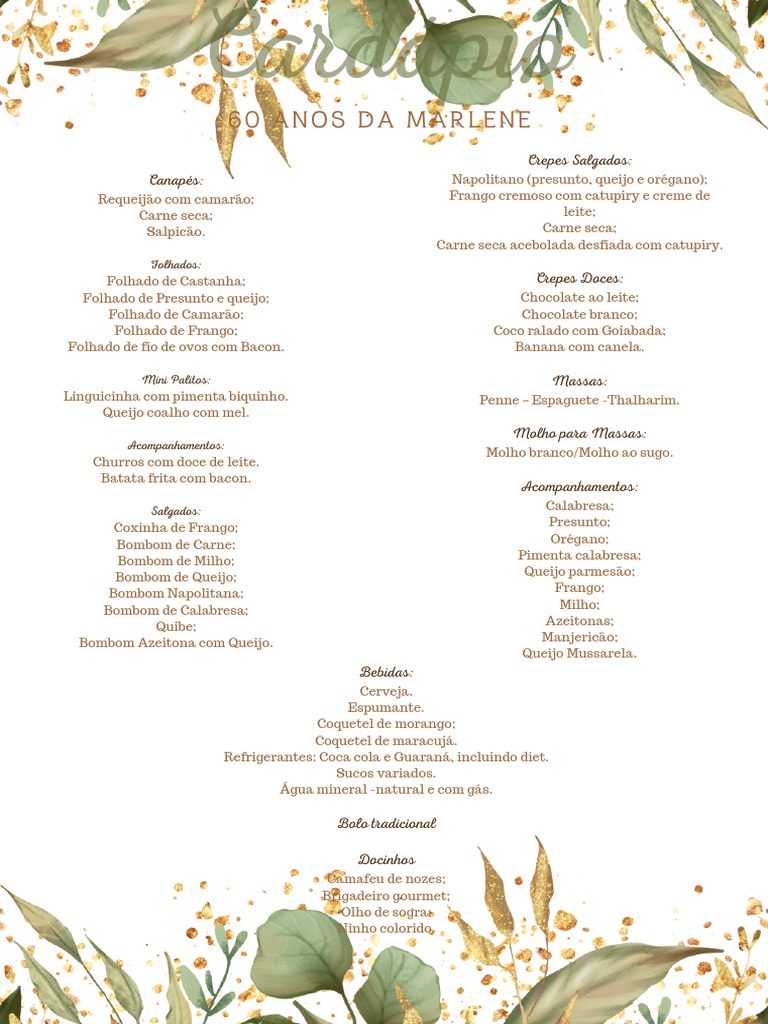 Cardápio da festa | PDF | Queijo | Alimentos