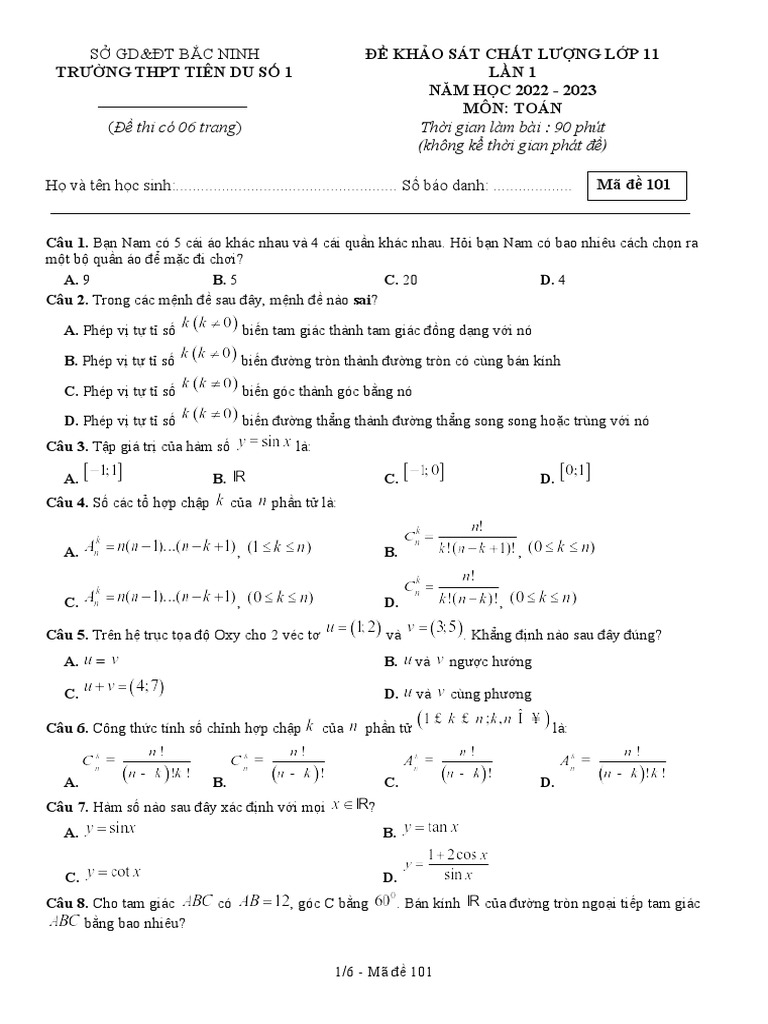 De KSCL Toan 11 Lan 1 Nam 2022 2023 Truong THPT Tien Du 1 Bac Ninh | PDF