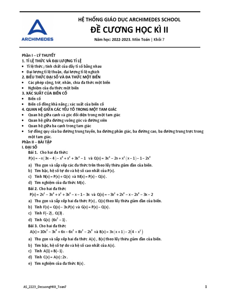 De Cuong Hoc Ki 2 Toan 7 Nam 2022 2023 He Thong Giao Duc Archimedes School Ha Noi | PDF