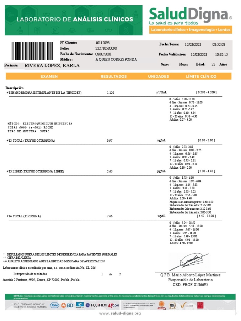 Resultados de análisis de hormonas tiroideas que muestran niveles normales de TSH, T3 total, T3 ...
