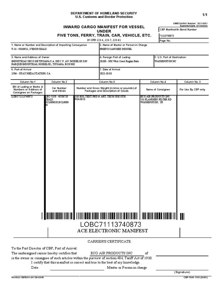 Inward Cargo Manifest For Vessel Under Five Tons, Ferry, Train, Car ...