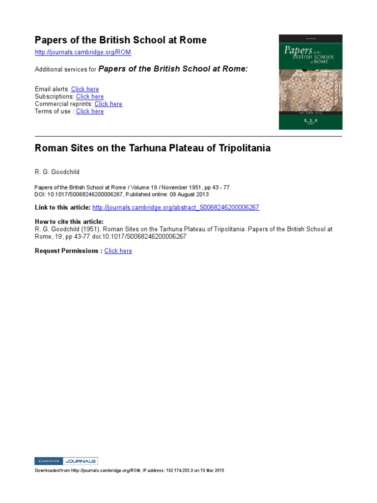 GOODCHILD, R.G. - Roman Sites On The Tarhuna Plateau of Tripolitania ...
