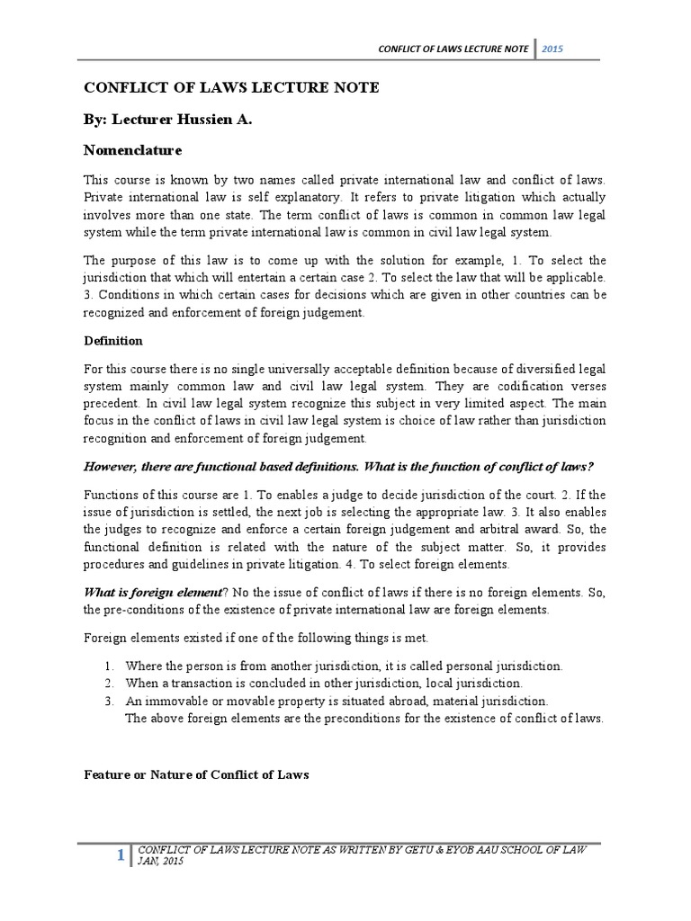 Conflict of Laws Note by Getu Asnakew | PDF | Minimum Contacts ...