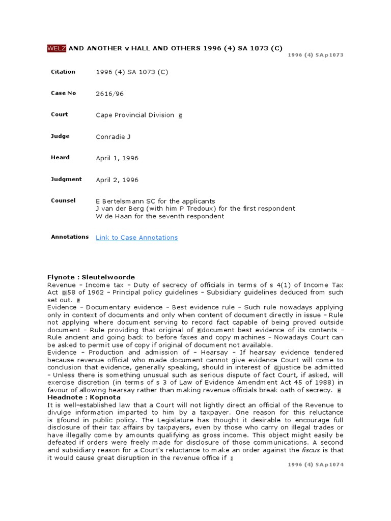 WELZ AND ANOTHER V HALL AND OTHERS 1996 (4) SA 1073 (C) | PDF | Discovery (Law) | Hearsay