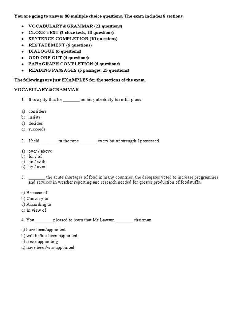 80 Multiple Choice Questions English Proficiency Exam Sections | PDF ...