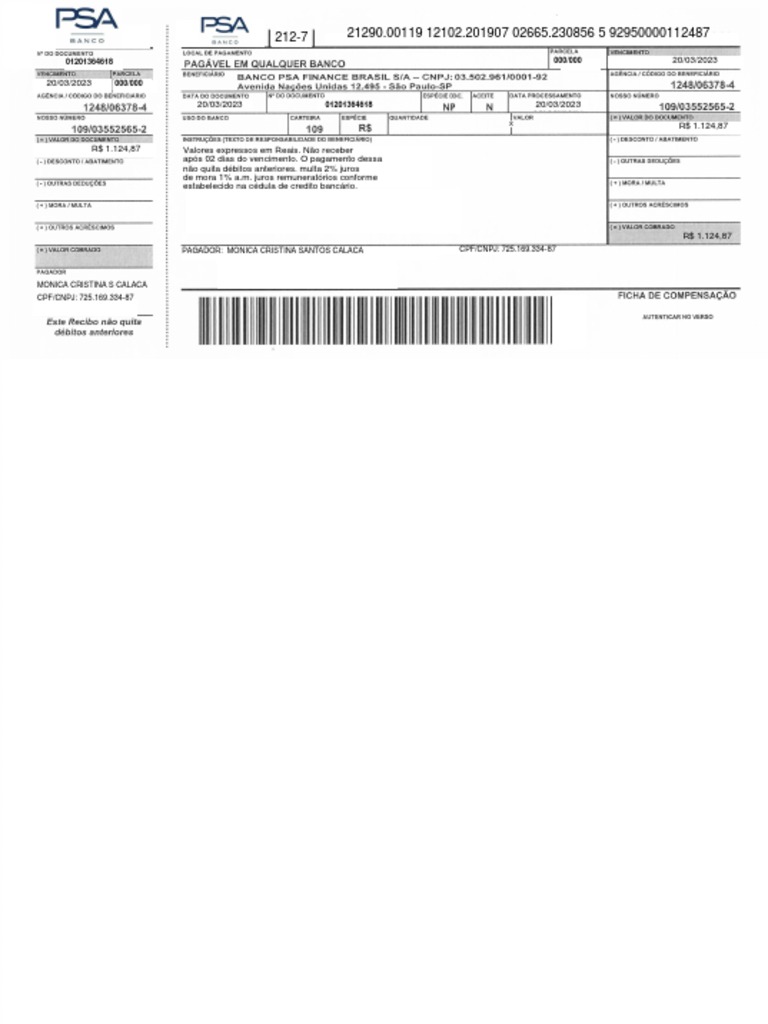 Banco Psa Fin - 2° Via Atualizada - Monica Cristina Santos Calaca | PDF