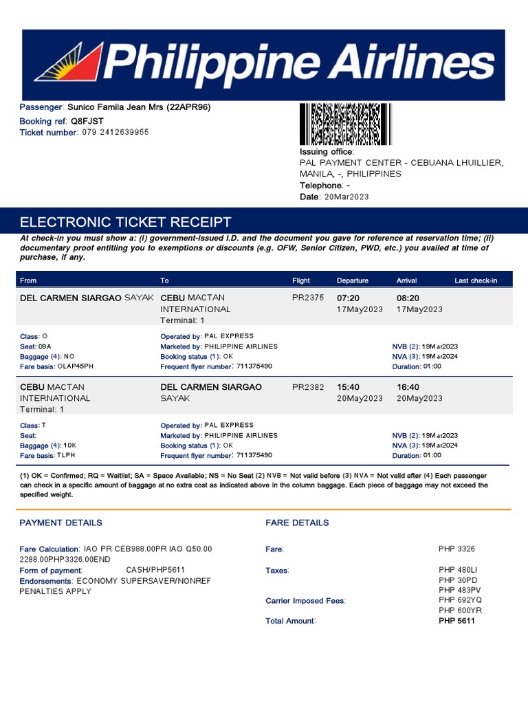 PAL Flight PR2375 Ticket Receipt | PDF | Transport