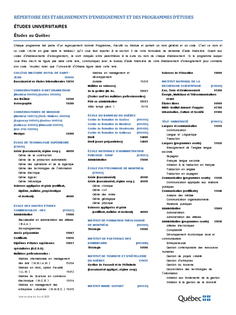 Répertoire des Programmes Universitaires au Québec | PDF | Master (diplôme ou grade ...