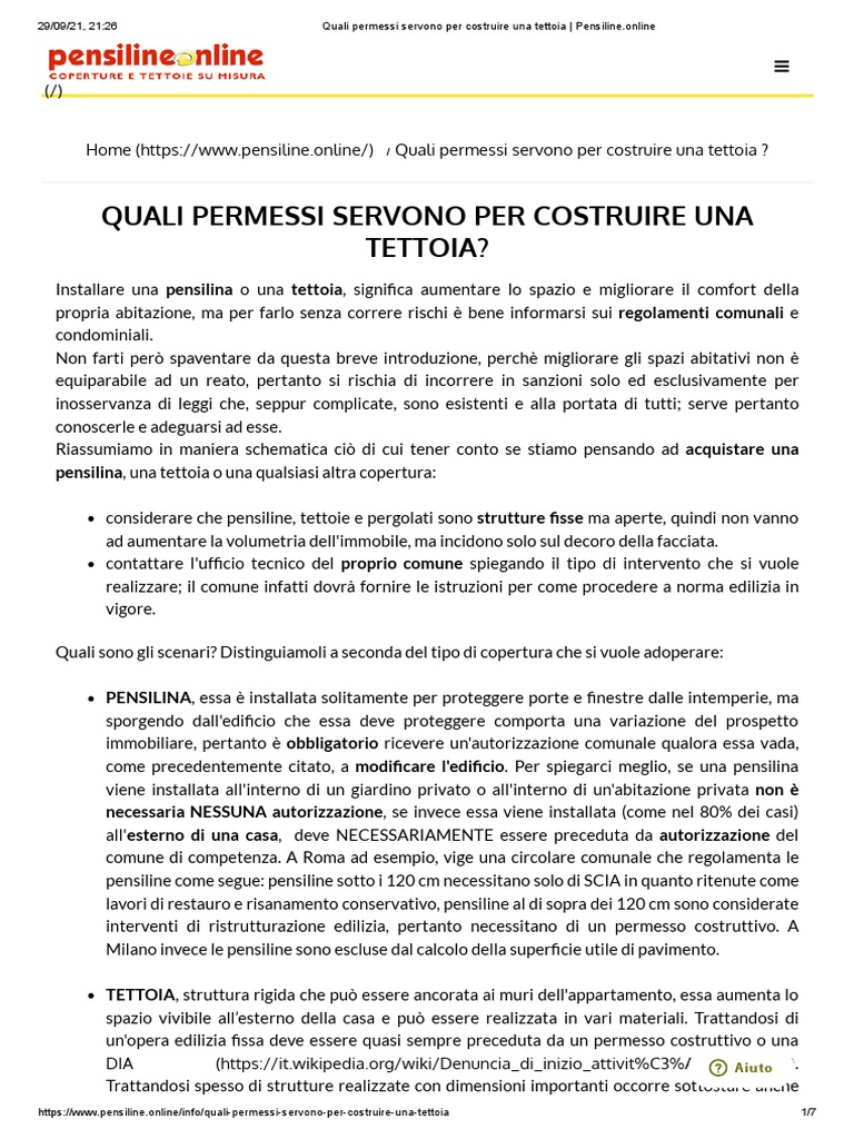 Quali Permessi Servono Per Costruire Una Tettoia - Pensiline - Online | PDF