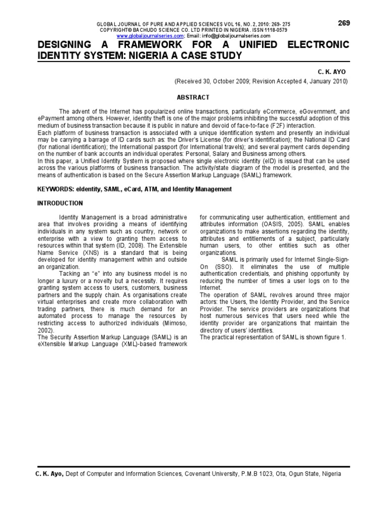 Designing A Framework For A Unified Electronic Identity System: Nigeria A Case Study | PDF ...