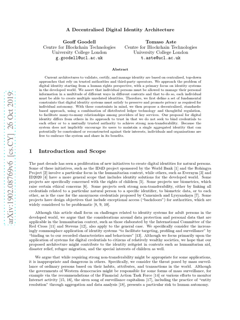 A Decentralised Digital Identity Architecture | PDF