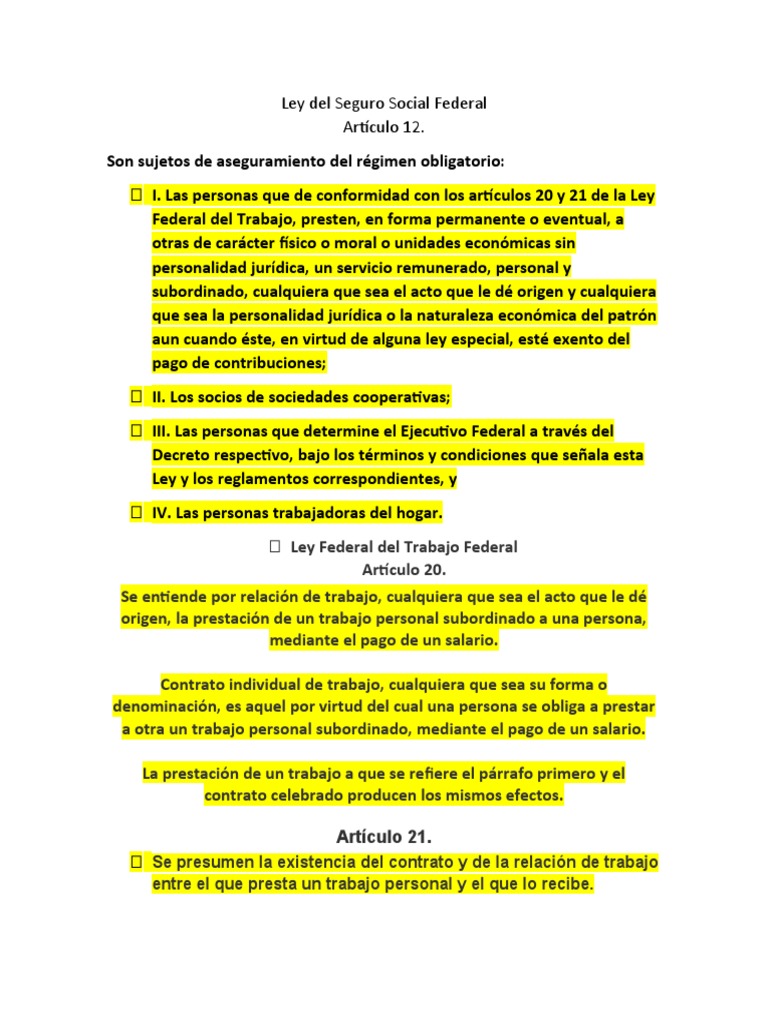 Ley Del Seguro Social Federal Artículo 12 | PDF | Derecho laboral ...