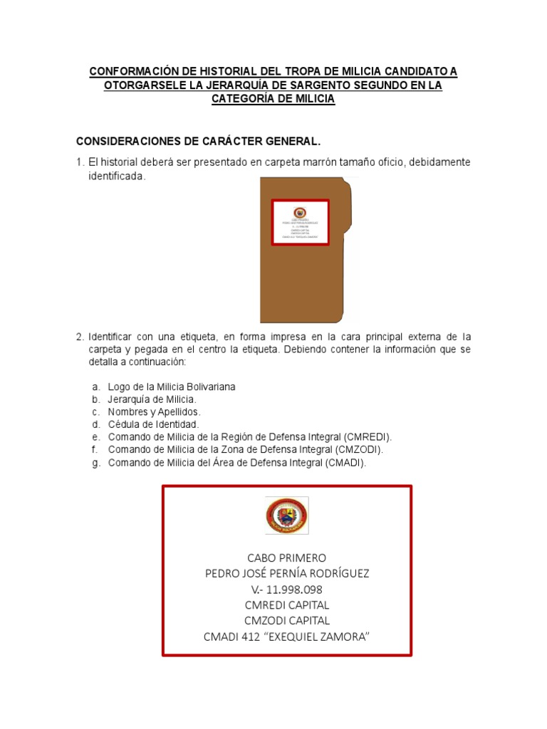 Conformación de Historial Del Tropa de Milicia Candidato A Otorgarsele ...