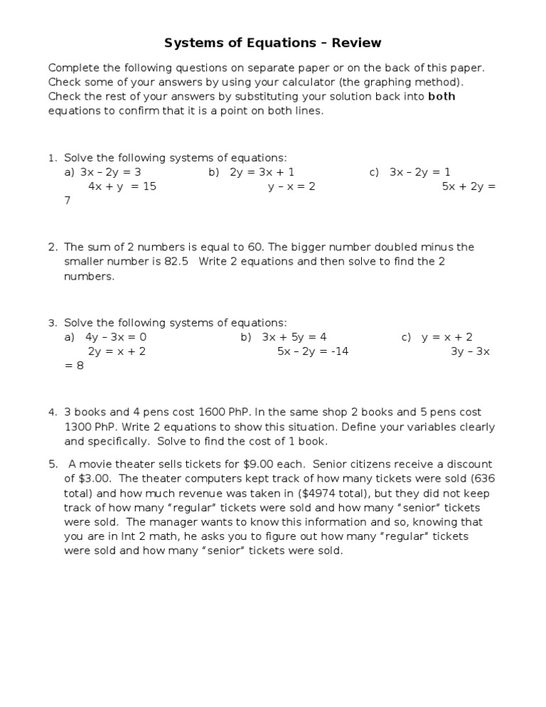 Systems of Equations Review | PDF | Teaching Methods & Materials | Home ...
