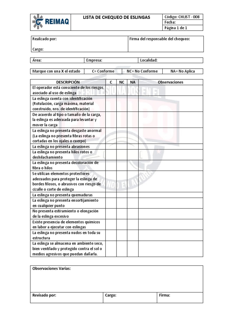 Check List - Eslingas | PDF