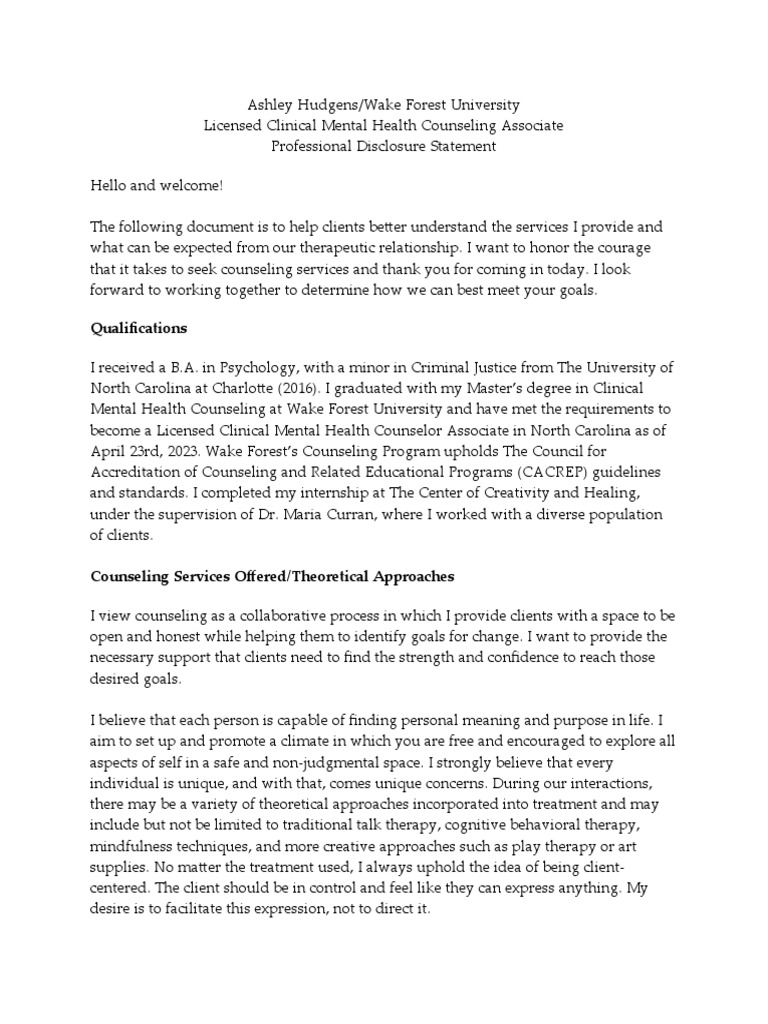 Professional Disclosure Statement Lcmhca | PDF | Psychotherapy | Psychology