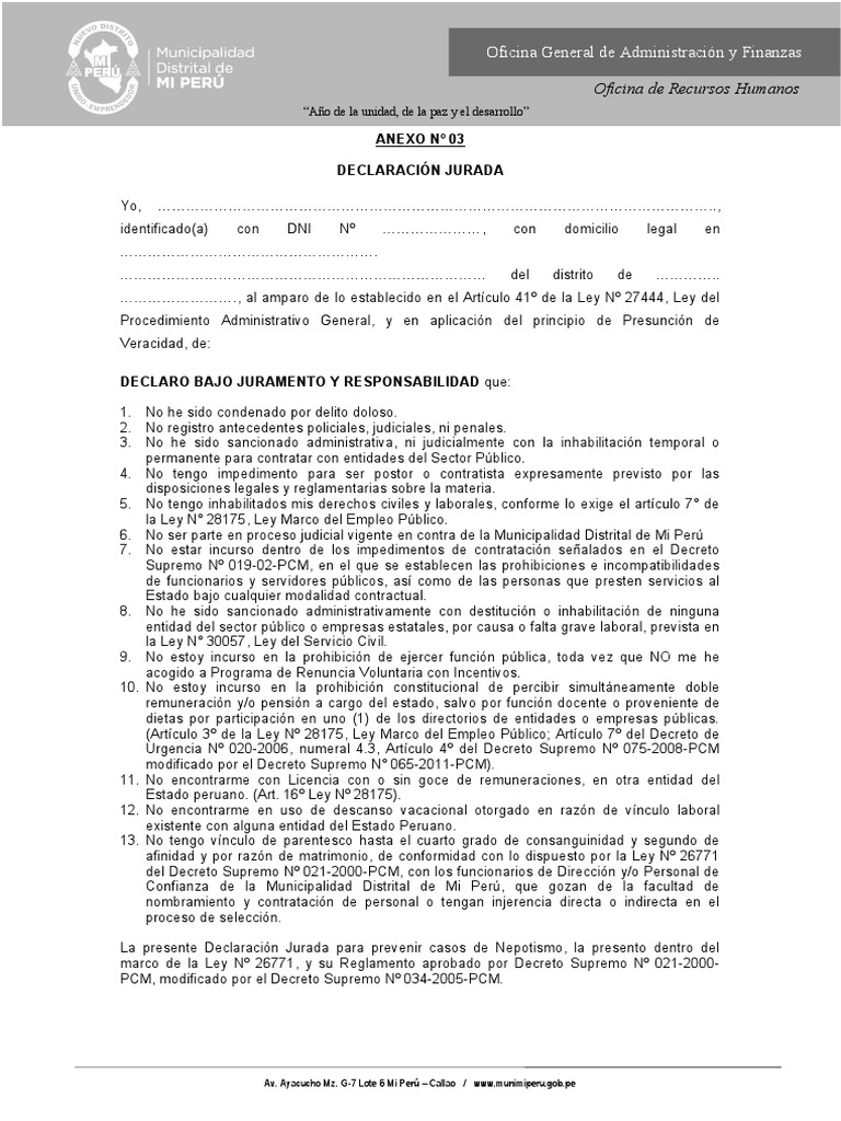 ANEXO No 3 - Formato de Declaracion Jurada | PDF | Perú | Gobierno