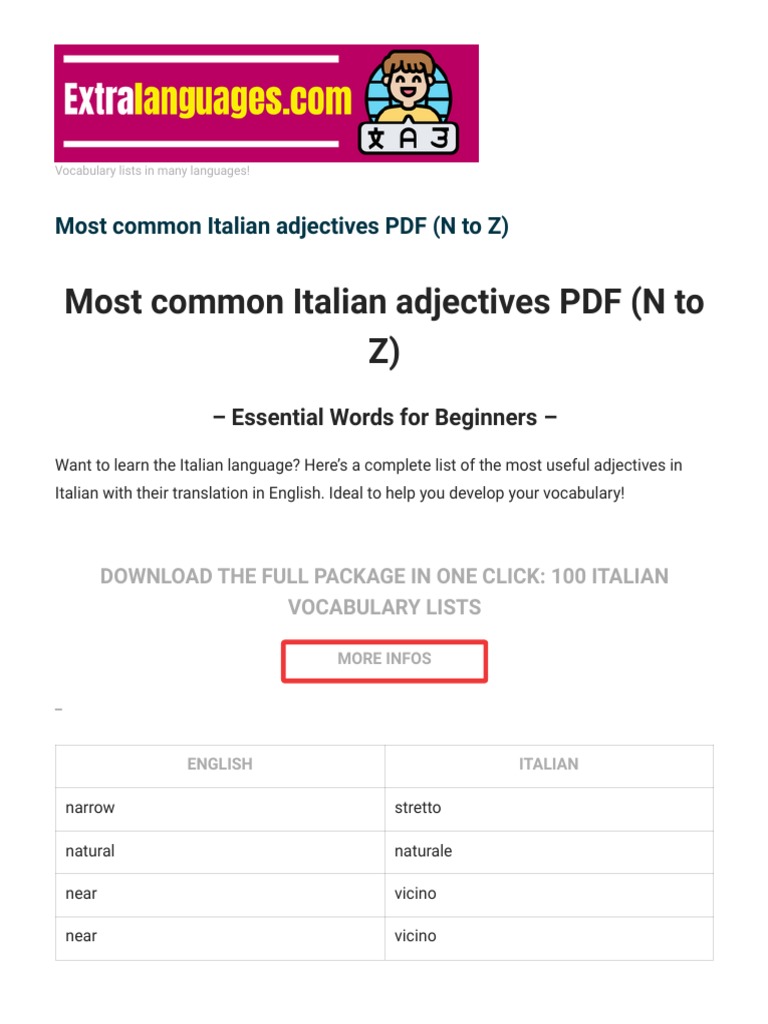 Most Common Italian Adjectives Worksheet