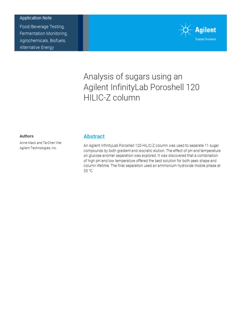 Analysis of Sugars Using An Agilent Infinitylab Poroshell 120 Hilic-Z Column | PDF | High ...