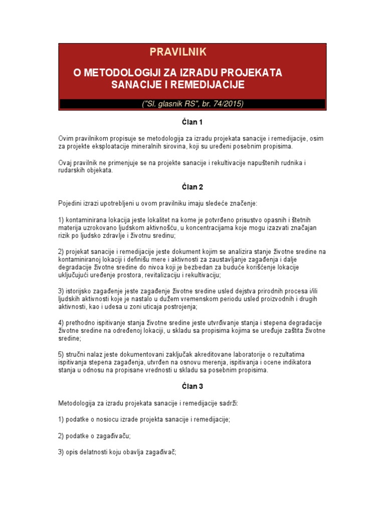 Pravilnik: O Metodologiji Za Izradu Projekata Sanacije I Remedijacije | PDF
