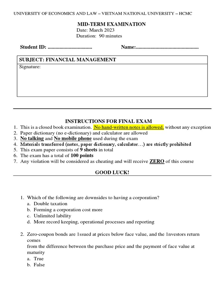 Mid-Term Examination: University of Economics and Law - Vietnam National University - HCMC | PDF ...