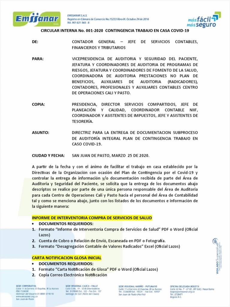 CIRCULAR INTERNA No. 001-2020 PLAN DE CONTINGENCIA COVID-19 - AUDITORIA, CONTABILIDAD, IMPUESTOS ...