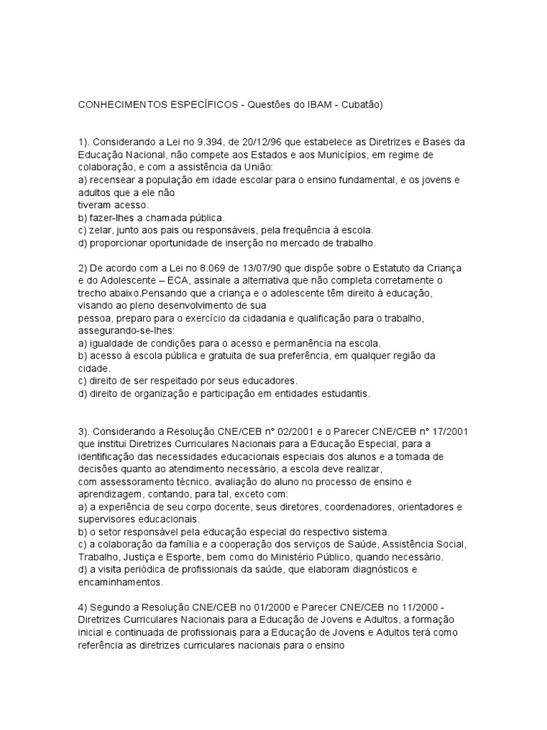 Questões do IBAM: Concurso Cubatão 2024 | PDF | Educação Especial