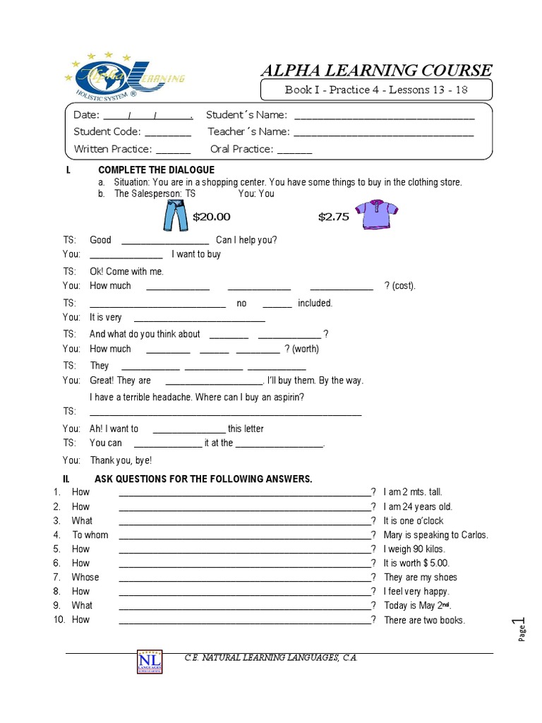 Alpha Learning Course: Book I - Practice 4 - Lessons 13 - 18 | PDF