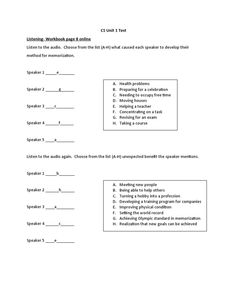 C1 Unit 1 Test: Memory and Language | PDF | Memory | Cognition