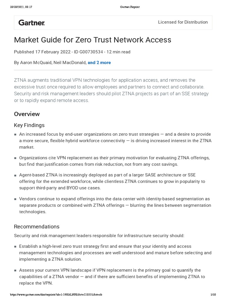 Market Guide ZTNA Gartner 2022 | PDF