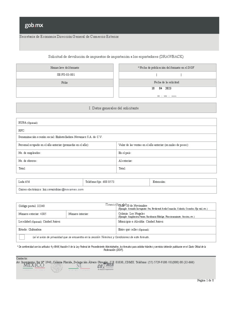 Solicitud de Devolución Drawback Novamex | PDF | Privacidad de la ...