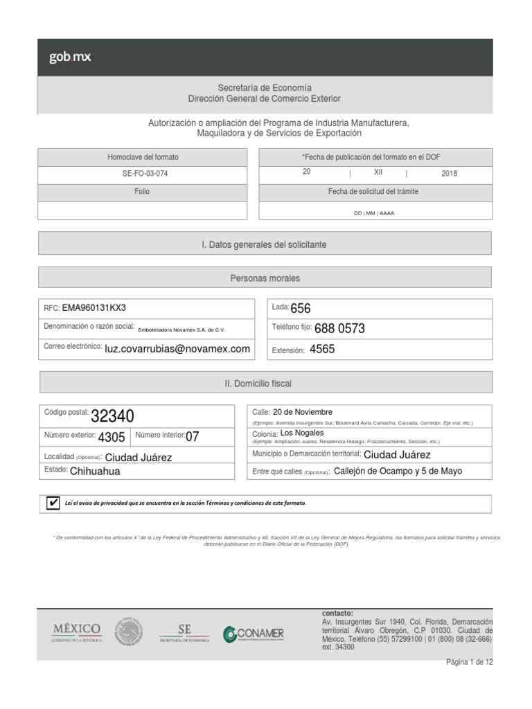 Solicitud de Programa Novamex Juárez | PDF | México | Privacidad de la ...