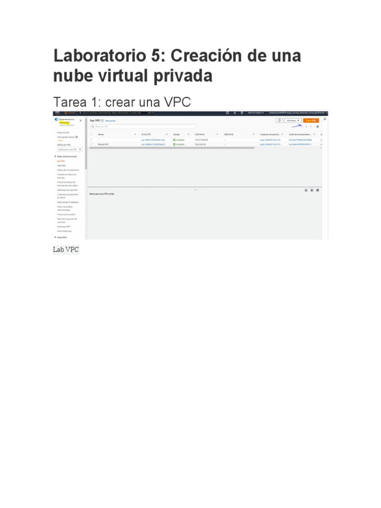 Laboratorio 5: Creación de Una Nube Virtual Privada: Tarea 1: Crear Una VPC | PDF