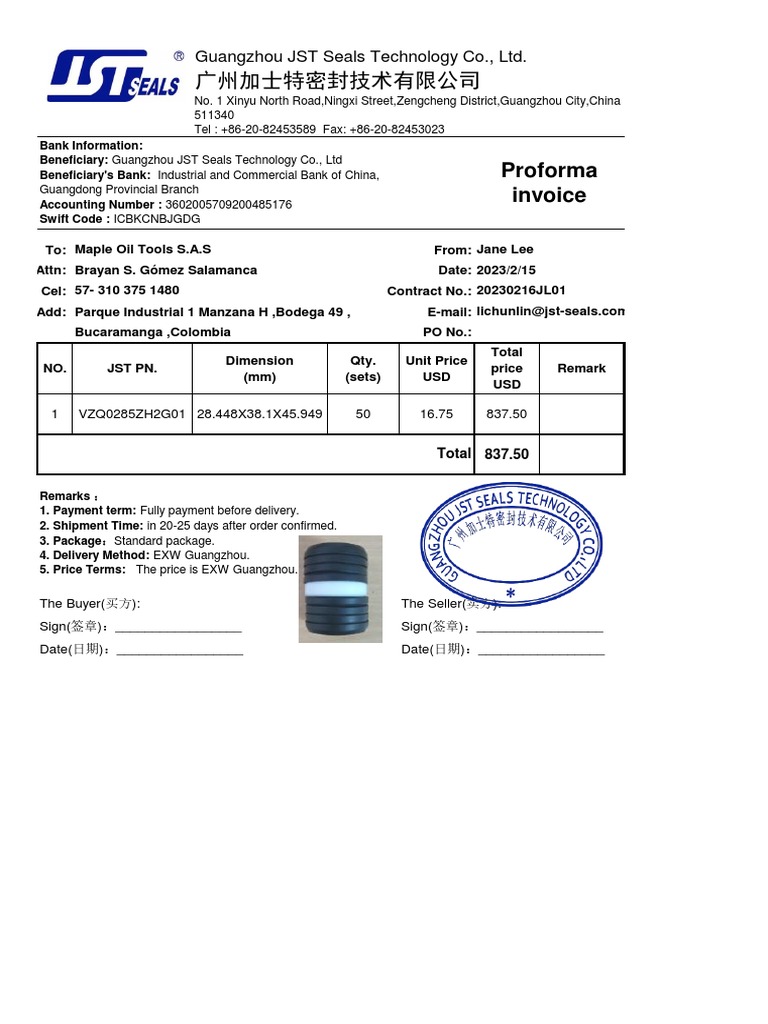 Proforma Invoice: Guangzhou JST Seals Technology Co., LTD | PDF