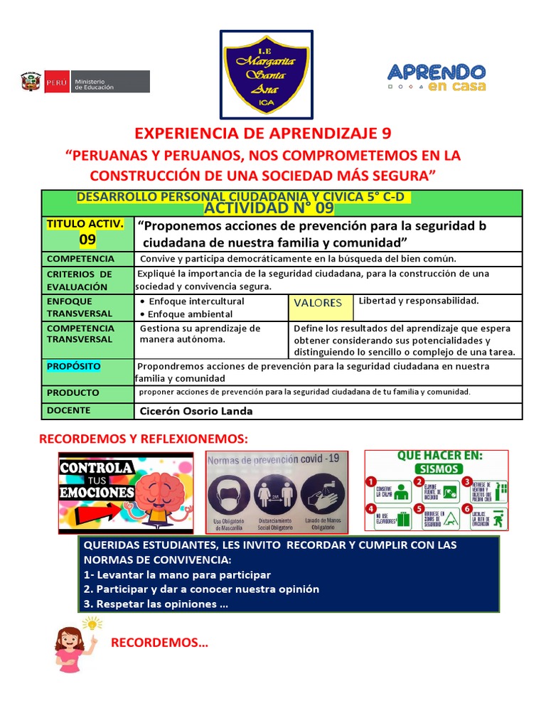 DPCC 5° - ACTIV 09 PrevenciónSeguridadCiud - Exp. Ap. 9 | PDF | Aprendizaje | Perú