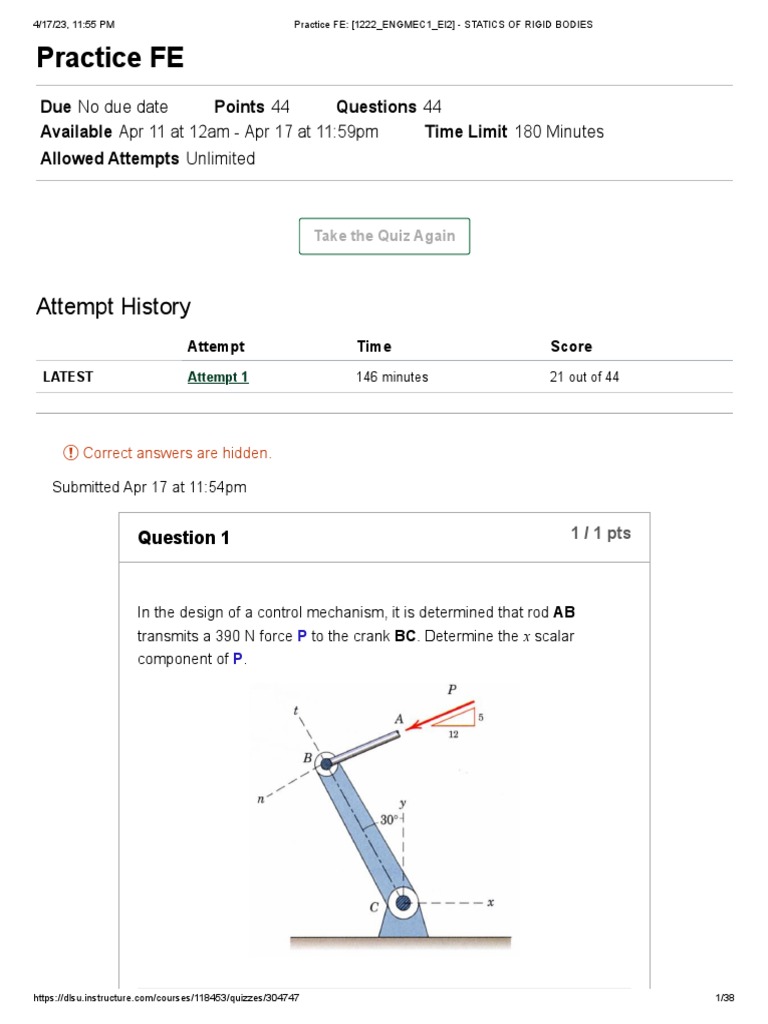 Practice FE: Attempt History | PDF | Force | Motion (Physics)