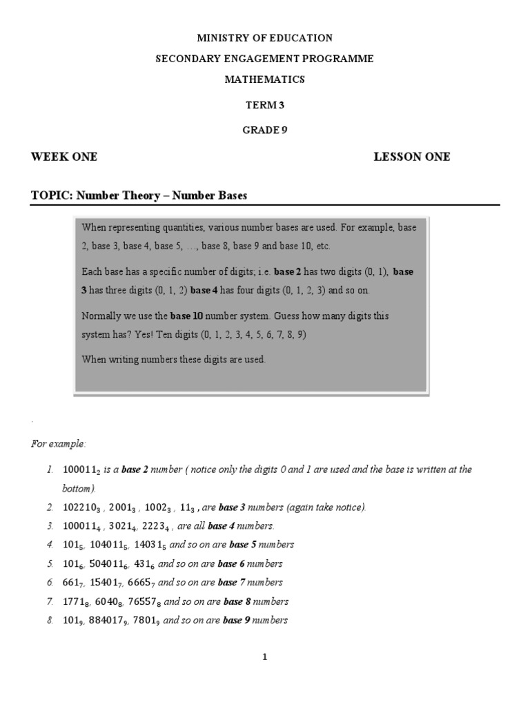 Week One Lesson One TOPIC: Number Theory - Number Bases | PDF ...