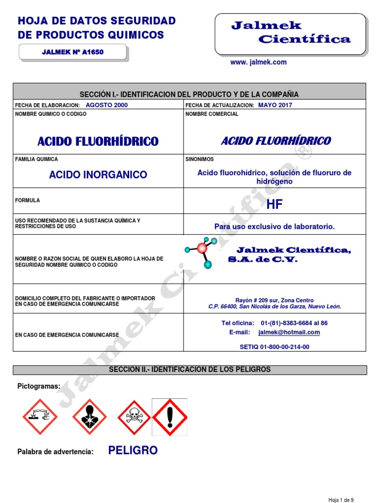 Hoja de seguridad para ácido fluorhídrico | PDF | Agua | Química