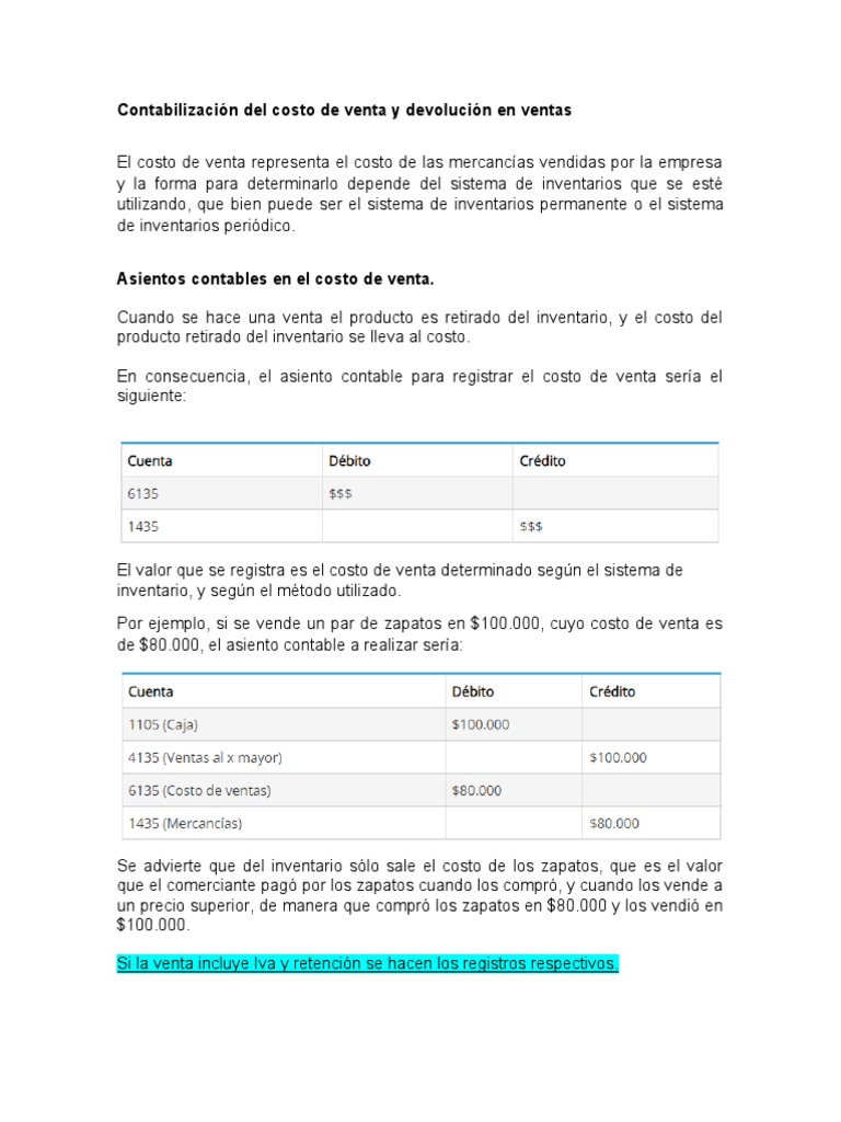 Contabilizacion Del Costo de Venta y Devolucion en Ventas | PDF