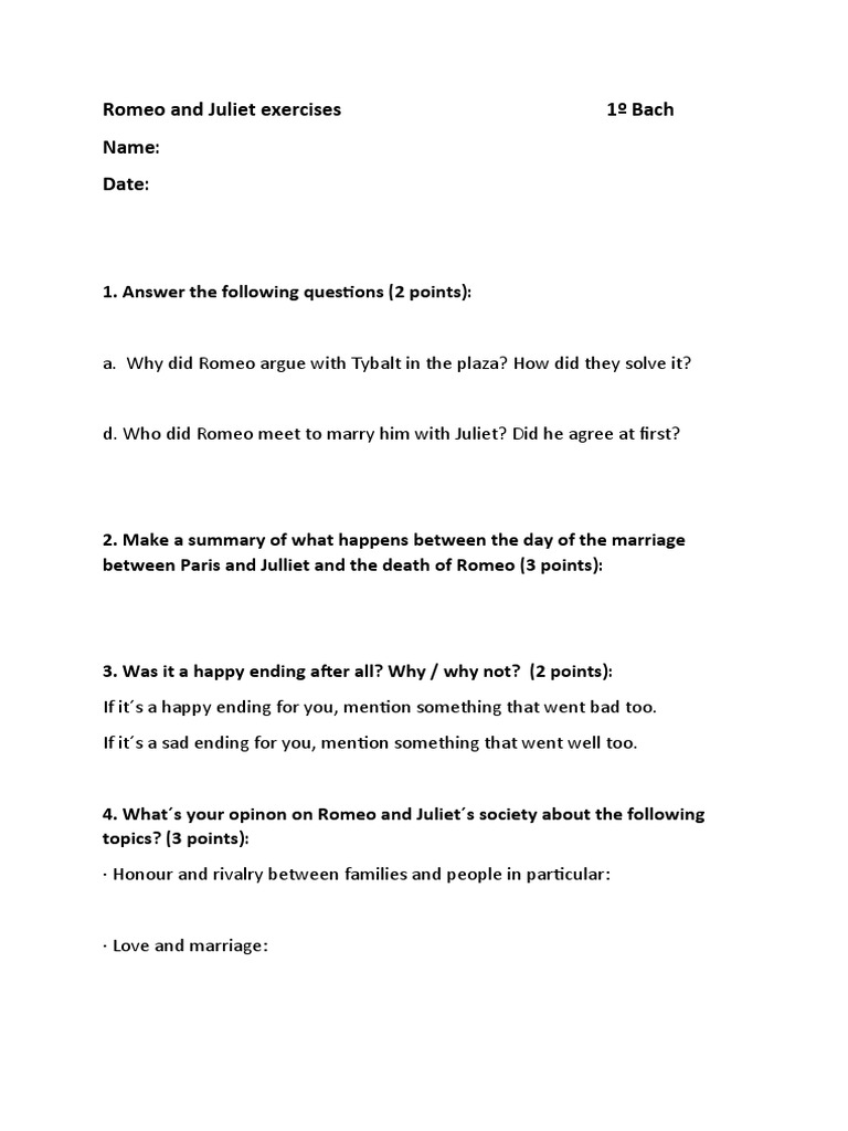 Romeo and Juliet Study Exercises | PDF | Art